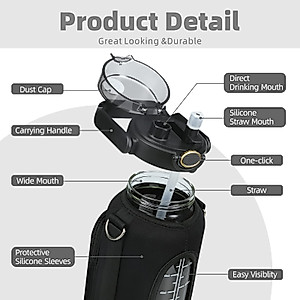 chunmo Half Gallon 64oz Glass Water Bottle with Straw and Storage Sleeve Motivational Water Bottle with Strap and Time to Drink 2L Leakproof Reusable Water Jug for Fitness Gym and Outdoors