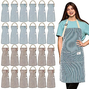 Janmercy 24 Pcs Aprons for Women Men with 2 Pockets Linen Cooking Kitchen Apron Adjustable Bib Chef Apron Bulk Aprons Unisex (Brown/Blue Stripes)