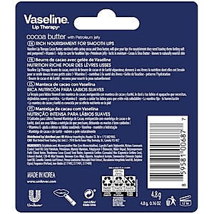 Vaseline Lip Therapy Cocoa Butter, Fast-Acting Nourishment, Ideal for Chapped, Dry, or Cracked Lips, Lip Balm Stick, 0.16 Oz (Pack of 4)
