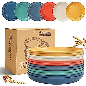 OAMCEG 12 Pack Plastic Plates Reusable 9 Inches Unbreakable Eco-Friendly Lightweight Wheat Straw Plates, Salad Plates, Camping Plates, Dinner Plates, Dishwasher & Microwave Safe, BPA FREE