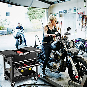 Goplus Tool Cart, 4-Tier Rolling Tool Box Cabinet on Wheels with Lockable Drawers & Sliding Top, Heavy Duty Steel Tool Storage Organizer for Garage Warehouse Workshop, Black