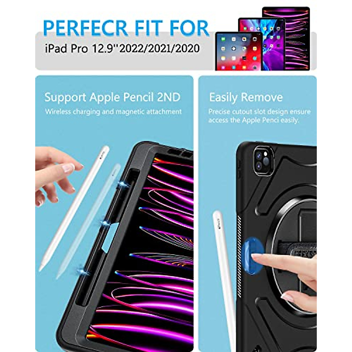 GEEKSDOM STOCK Case Compatible with iPad Pro 12.9 Inch, Heavy Duty Military Grade Drop Tested Shockproof Full Body Protection with Kickstand & Strap Case for iPad Pro 6th Gen 12.9 2022/2021/2020