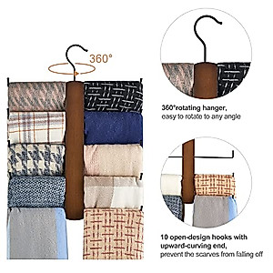 Mkono 2 Pack Scarf Hanger Wooden for Closet Organize Scarf Rack with 10 Hooks for All Scarves and 3 Pack Pants Skirts Hangers Space Saving 5 Tier with Adjustable Clips