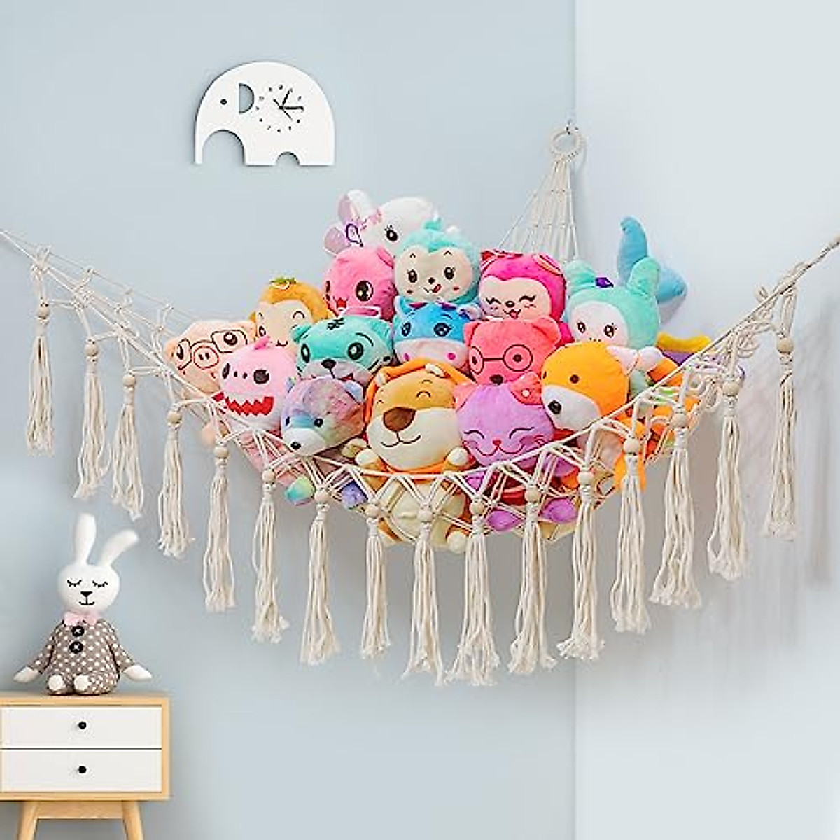 Stuffed Animal Net or Hammock 55inch Toys Net for Stuffed Animals Corner, Boho Decor Toy Hammock Macrame Stuffed Toys Corner Mesh Hammock Hanging Net for Bedroom Nursery Kids Room