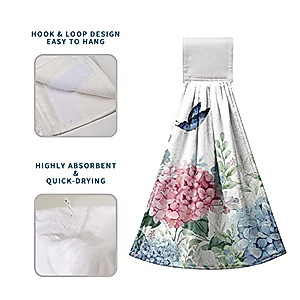Kwlegh Pink Flowers Dish Towels with Hanging Loop Butterfly Kitchen Towels Set of 2 Summer Hydrangea Bathroom Hand Towels Soft Absorbent Tie Towels for Bathroom Kitchen 12x17 Inch