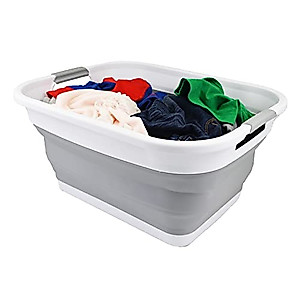 SAMMART 36L (9.5 gallon) Collapsible Plastic Laundry Basket - Foldable Pop Up Storage Container/Organizer - Portable Washing Tub - Space Saving Hamper/Basket (White/Grey (Set of 2))