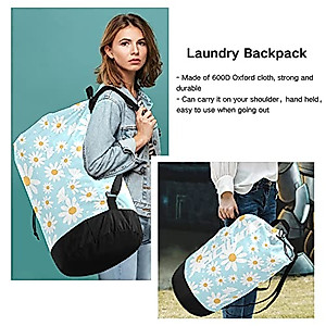 Kigai Nylon Large Laundry Bag - Daisy Flower Washable Laundry Backpack, Dirty Clothes Laundry Hamper with Drawstring Closure & Shoulder Straps for Camp, Home, Travel, Dorm - 14.5" x 29.3"