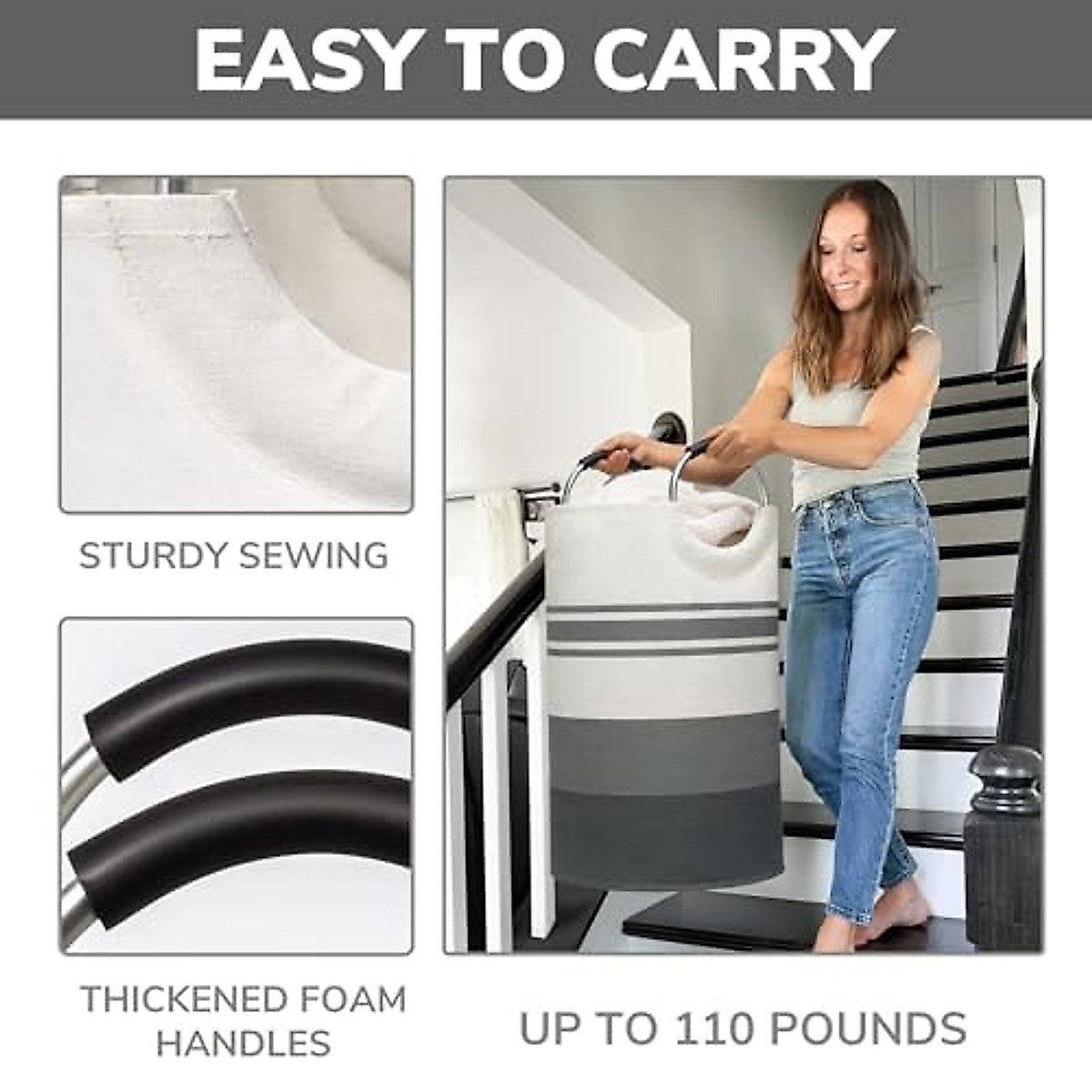 CHICVITA Large Laundry Basket Dirty Clothes Hamper, Collapsible Laundry Baskets for College Dorm, Foldable Dirty Clothes Basket, Canvas Laundry Bag with Handles, 1 Pack, 80L, Grey