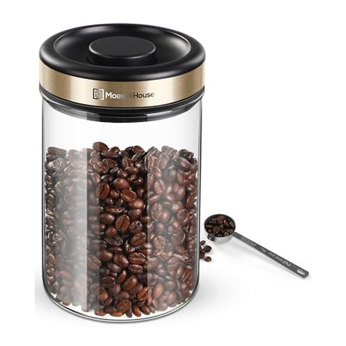 Maestri House Vacuum Coffee Canister Pro, AirTight Coffee Containers, Vacuum Glass Coffee Jar with Coffee Spoon, 40 fl OZ/1.2L Professional Coffee Storage Container for Barista, Gifts (Golden)