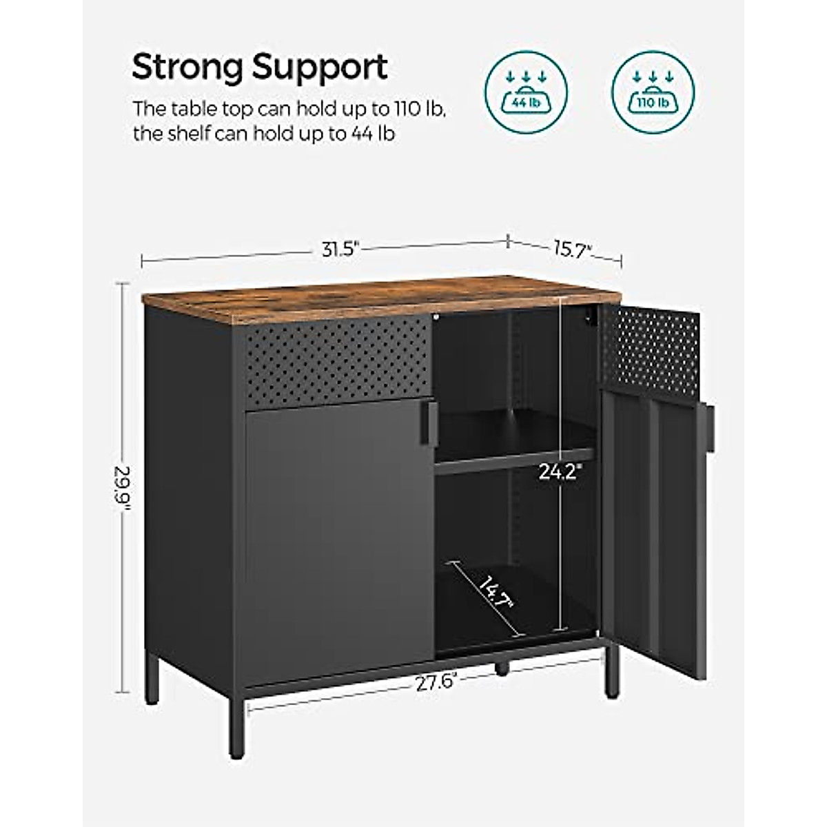 SONGMICS Storage Sideboard, Buffet Table with Adjustable Shelves, Floor Storage Cupboard, Steel Frame, Rustic Brown and Black ULSC102B01
