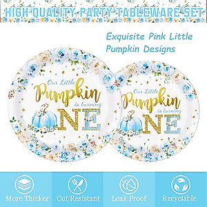 Little Pumpkin First Birthday Decorations - Little Pumpkin is Turning One Decorations Set Includes Plates, Napkins, Cups, Forks, Tablecloth, Banner fo Boy Pumpkin Birthday Decorations, Serves 24