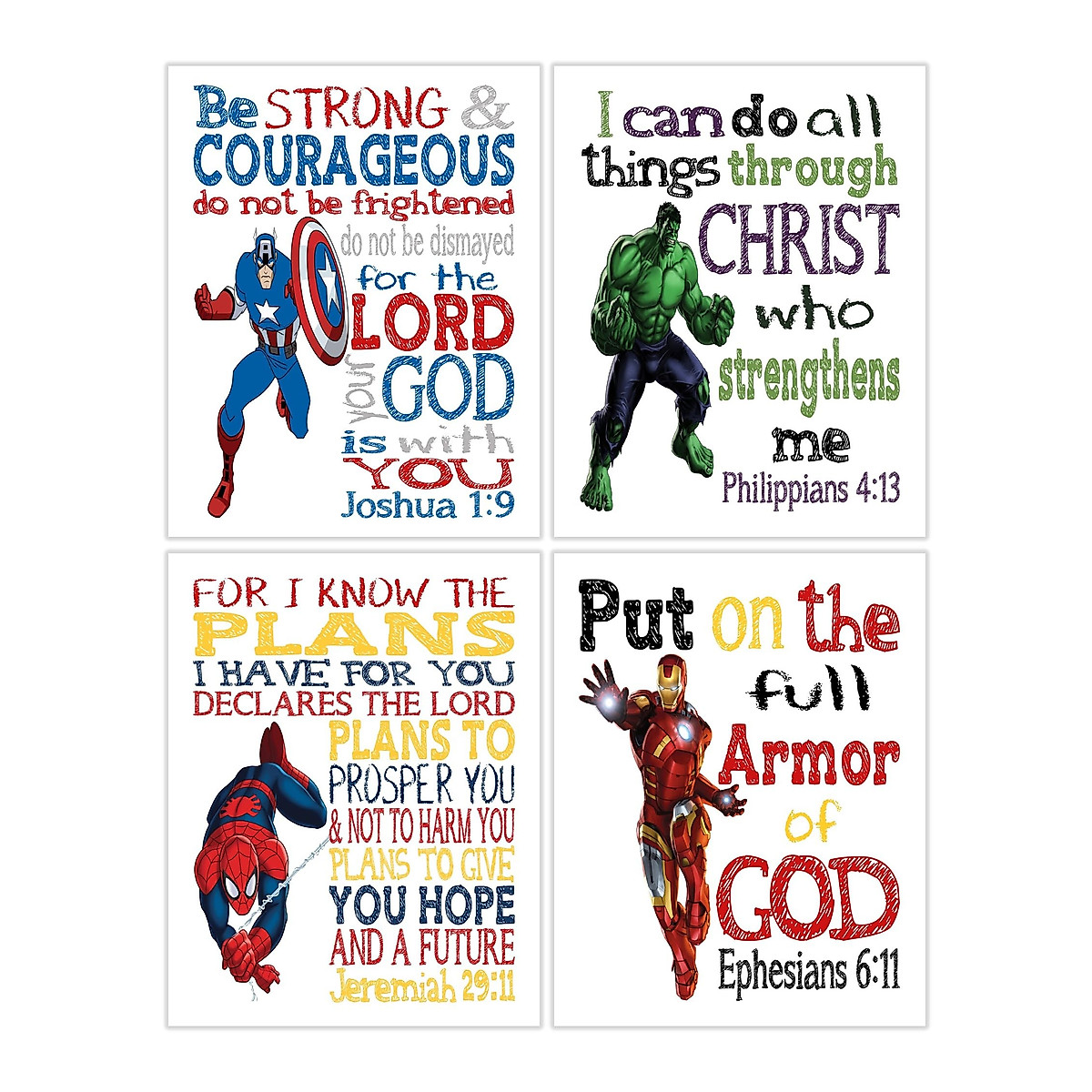 Superhero Christian Nursery Set of 4 Unframed Prints - Captain America, Hulk, Ironman and Spiderman with Bible Verses