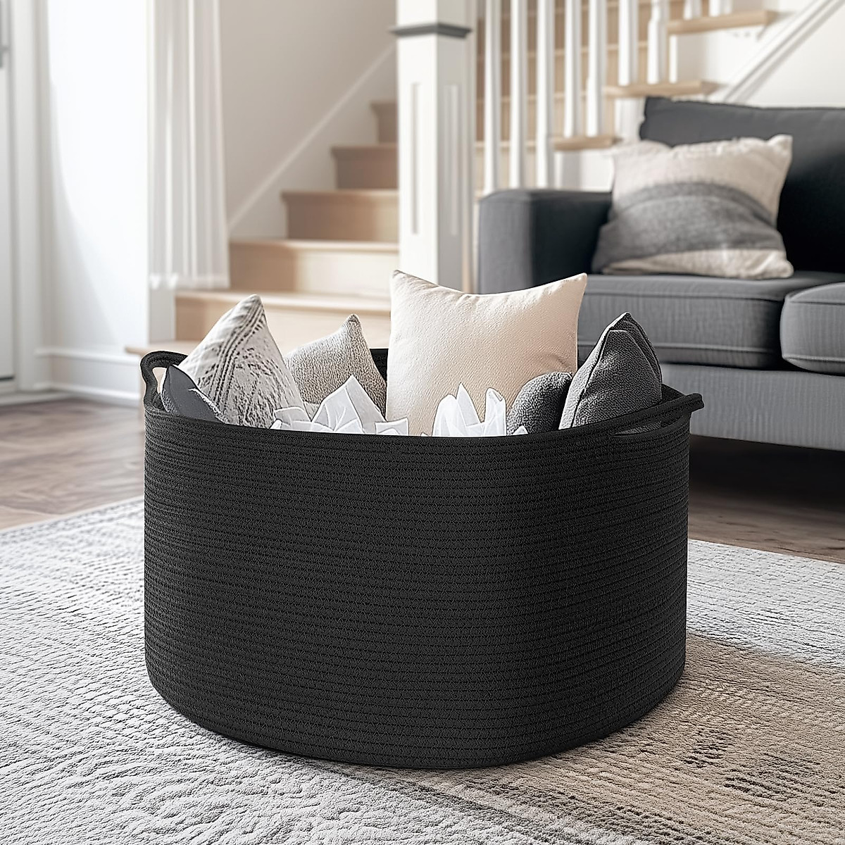 Blanket Basket Living Room, Cotton Rope Basket for Storage, Maliton Woven Extra Large Basket, 22" x 14" Nursery Laundry Basket with Handles, Toy Storage Basket Bin for Baby and Pet, Black