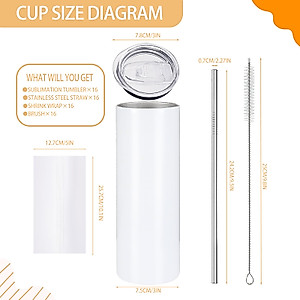 YOUKE OLA 16 Pack Sublimation Tumblers Flat Edge Blanks Skinny Straight Bulk 20 oz, Stainless Steel Double Wall Insulated Sublimation with Straw & Lids for Heat Transfer, White