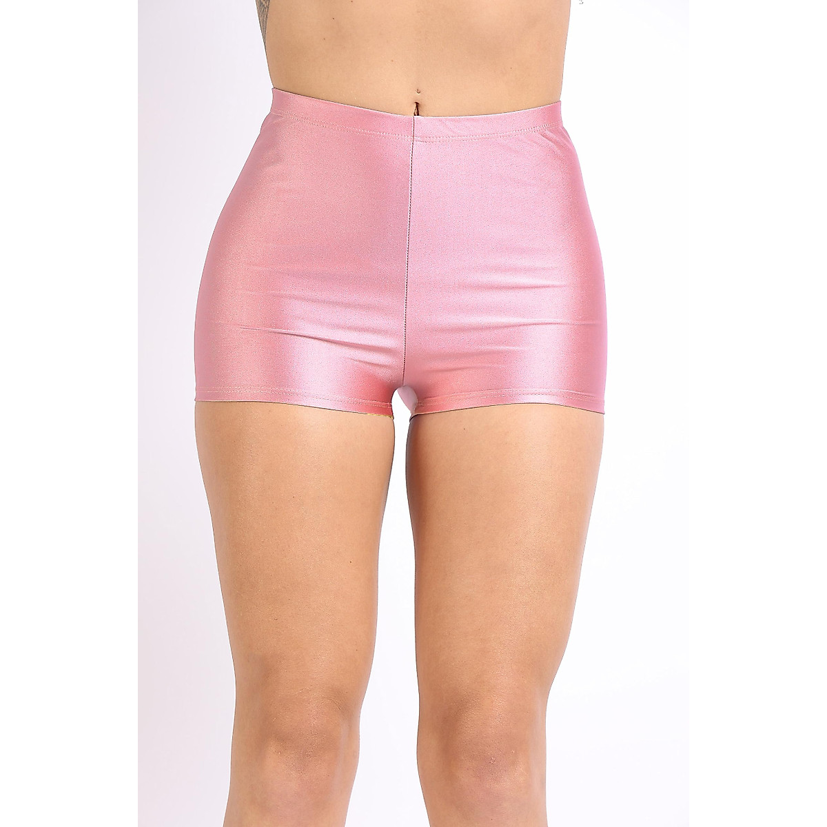 OFENTI Shiny Shorts High Waist Hotpants Stretch Lightweight Comfy Short Length Neon Dance Shorts Wet Look Disco Party Rave Bubble Gum Plus Size 3X