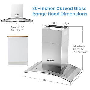COMFEE' CVG30W8AST 30 Inches Ducted Wall Mount Vent Range Hood with 450 CFM 3 Speed Exhaust Fan, Baffle Filters, Curved Glass, 2 LED Lights, Convertible to Ductless, Stainless Steel