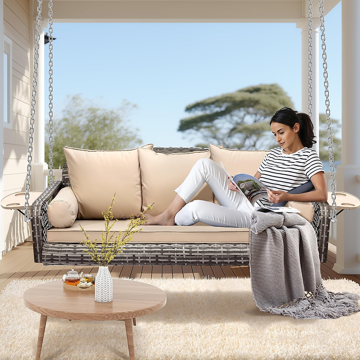 Decomax Wicker Hanging Porch Swing Chair 3-Seats Outdoor Gray Rattan Patio Swing Lounge with Cushions Cupholders Capacity 660lbs for Garden, Balcony, Living Room (Porch Swing with Armrest Pillows)