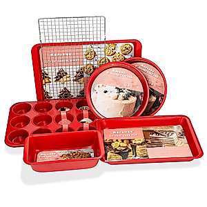 Rorence Nonstick Steel Bakeware Set: Cookie Sheet, Rectangular Cake Pan, 2 Round Cake Pans, Muffin Pan, Loaf Pan & Cooling Rack - Set of 7 - Red