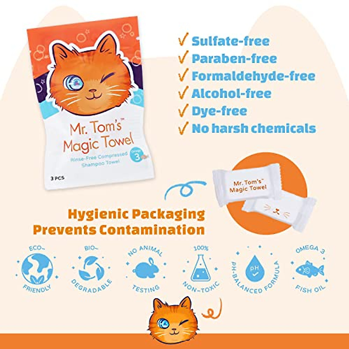 Mr. Tom's Magic Towel - Pet Wipes for Cats - Rinse-Free Compressed Shampoo Towel for Cats and Dogs - Non-Toxic, Re-usable, pH-Balanced, Omega 3 Fish Oil Cat Shampoo - 10 Towel Pieces