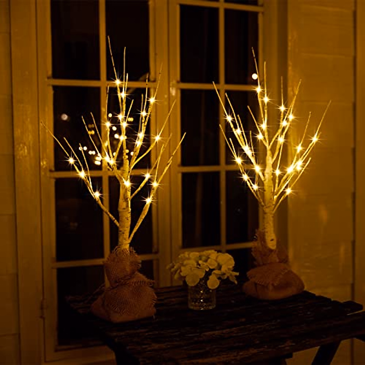 Lighted Birch Tree, 2pcs 24”H Tabletop Tree Light with Burlap Decor, Pre-Lit 24 LED Warm White Lights, Timer Function, Money Tree Perfect for Spring Home Centerpiece Decor, Indoor&Outdoor Use