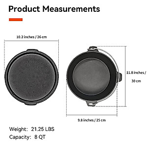 Keleday Dutch Oven 8 Quart Cast Iron Dutch Oven with Lid for Outdoors and Indoor Use Pre-Seasoned Camping Cookware Pot with Lid Large Dutch Oven for Frying Griddling Stewing