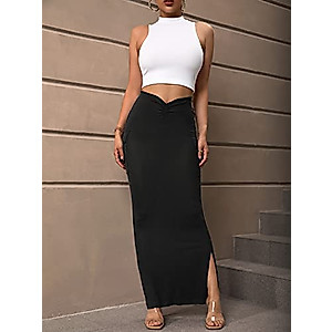 SOLY HUX Women's Y2K Skirt Long Split Solid Maxi Casual Pencil Bodycon Skirts Cargo Skirt with Pockets Solid Dark Black S