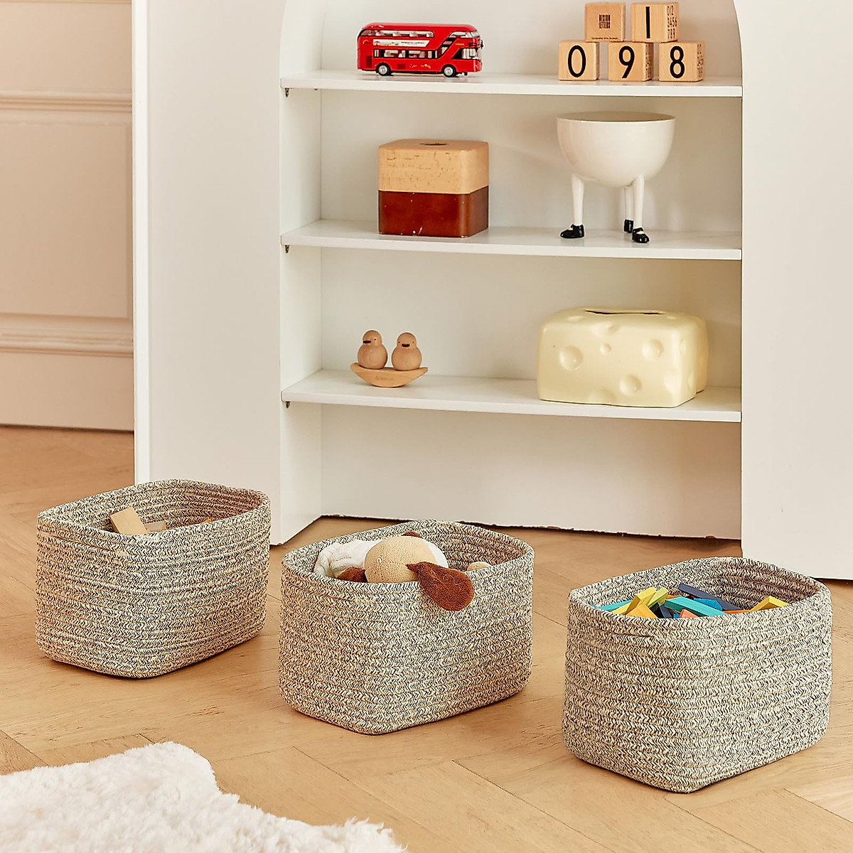 R RUNKA Small Cotton Rope Storage Basket Set of 3-11"x7"x7" Perfect Woven Baskets for Storage, Ideal Storage Baskets for Organizing Toys, Towels, and More - Baskets for Shelves and Home Decor（Beige）