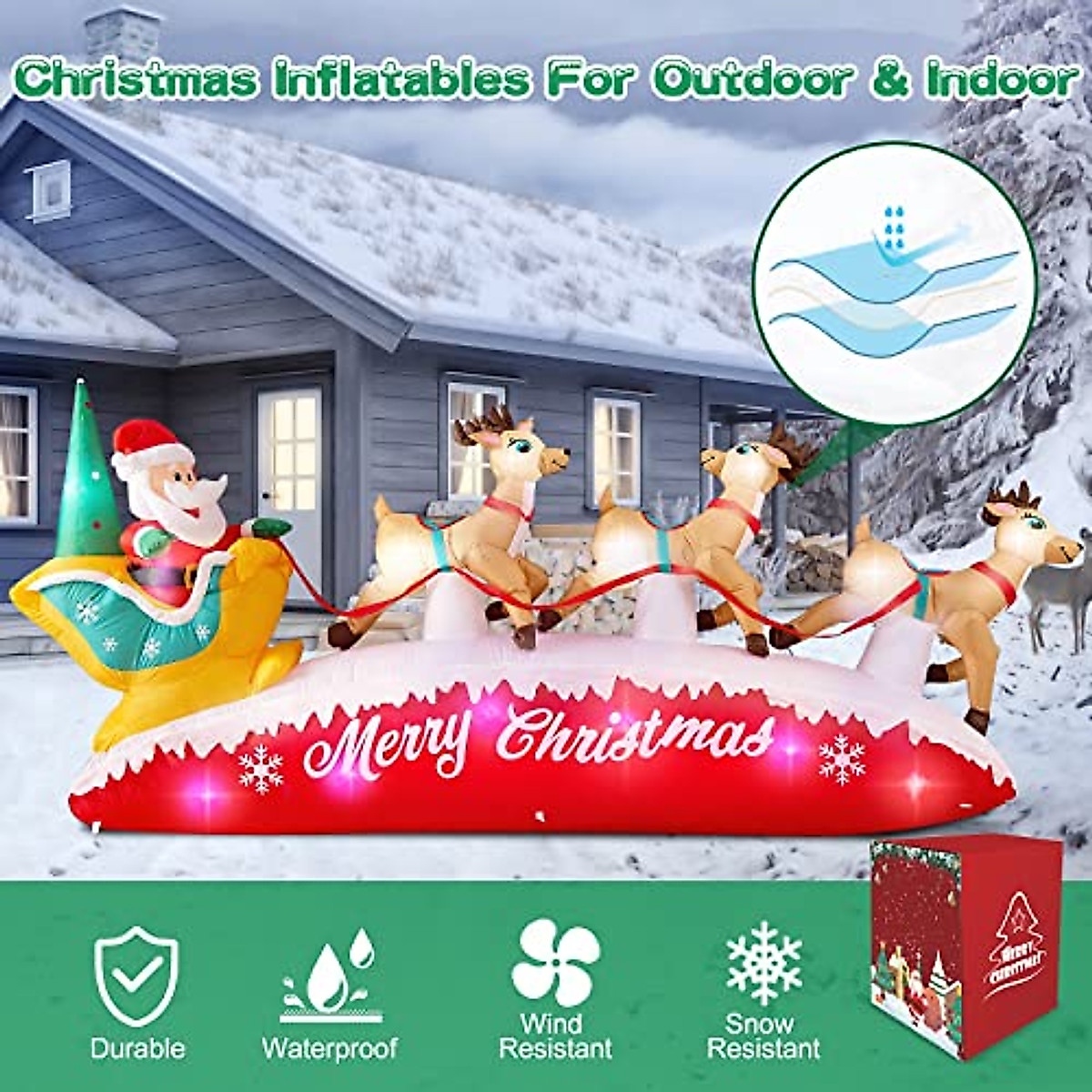 Danxilu 10 FT Long Christmas Inflatable Santa Sleigh with 3 Reindeer Outdoor Decorations, Built-in Colorful LEDs Blow Up Santa Claus Yard Decoration Décor for Xmas Holiday Garden Lawn Patio Roof