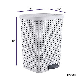 Superio 6.8 Gallon Wicker Step On Trash Can with Foot Pedal – Outdoor and Indoor Trash Can, Waste Basket for Bathroom, Kitchen, Office, Patio, or Backyard – White Smoke