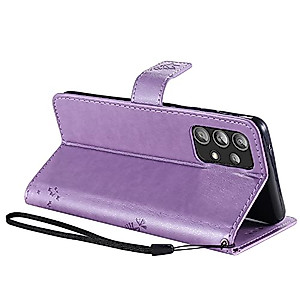 Phone Case for Samsung Galaxy A23,Wallet Case,Flip Case PU Leather Emboss Tree Cat Flowers Folio Magnetic Kickstand Cover Card Slots for Samsung Galaxy A23 Light Purple