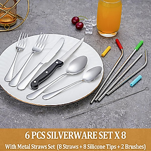 56 Pcs Silverware Set with Steak Knives and Metal Straw for 8,Stainless Steel Flatware Set, Mirror Polished Cutlery Utensil Set, Home Kitchen Eating Tableware Set,Fork Knife Spoon Set,Dishwasher Safe