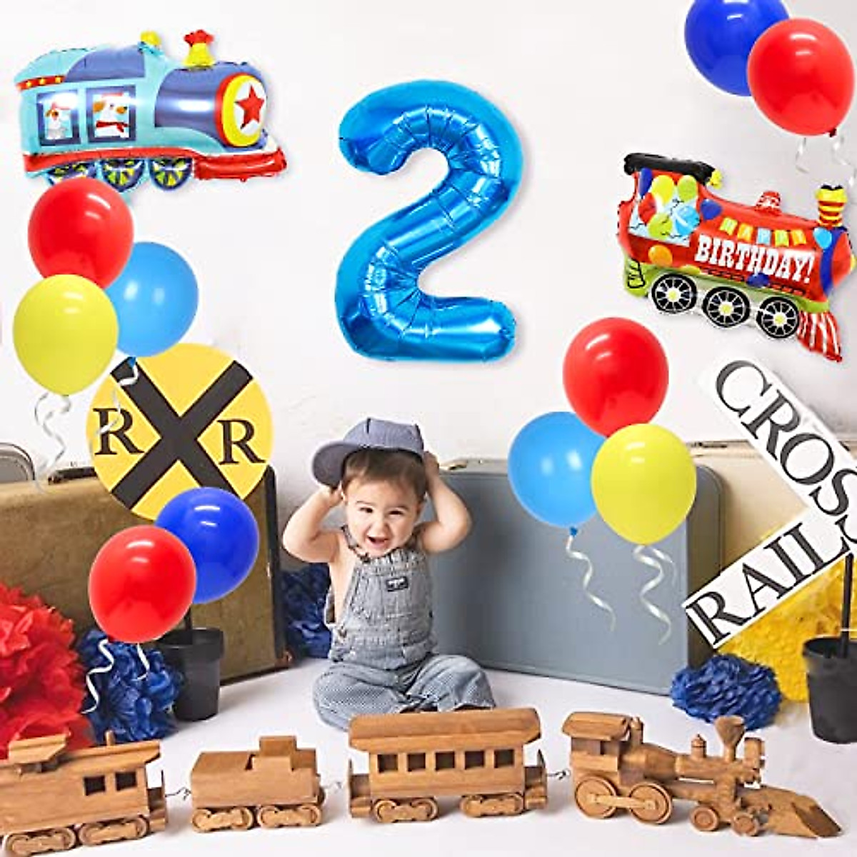 Chugga Chugga Two Two Party Decorations for 2 Years Old Boys, Railroad Train Crossing Theme Birthday Party Supplies - Chugga Chugga Two Two Banner, Cake Topper, Train Foil Balloons