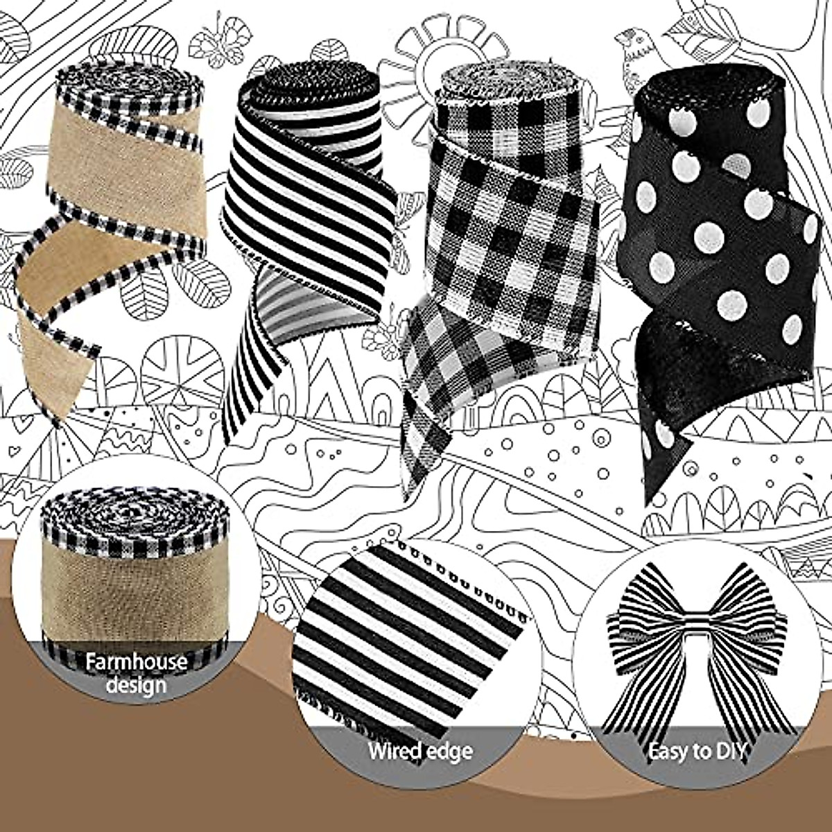 4 Rolls 24 Yards Christmas Farmhouse Buffalo Plaid Ribbons Wired Edge 2.5 Inch Farmhouse Burlap Ribbon Black White Stripe Wrapping Ribbon Polka Dot Roll Assorted Black Ribbon for Crafts DIY Garland