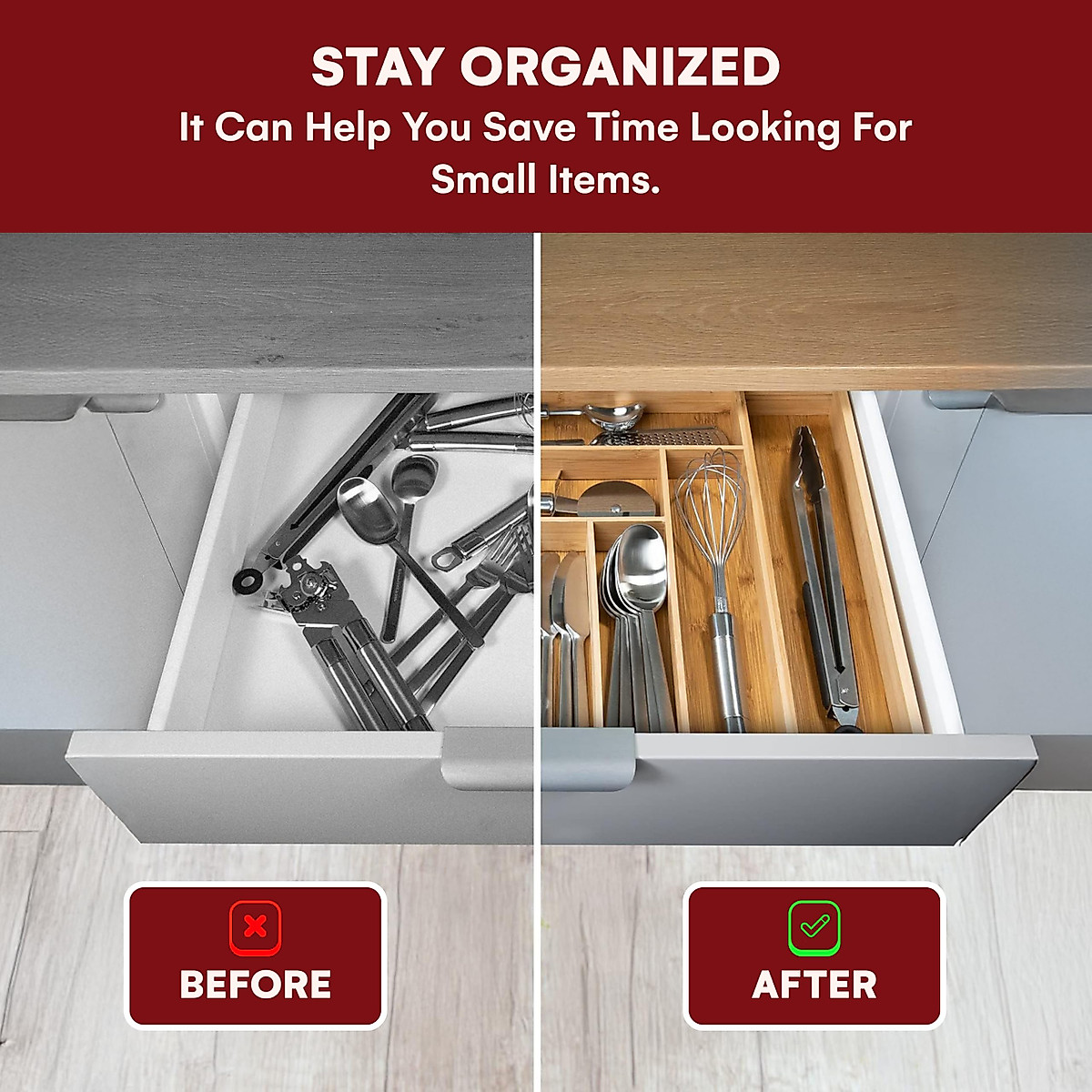 KITCHTIC Expandable Bamboo Drawer Organizer for Utensils, Cutlery, Silverware, Flatware, Knives for Kitchen - Wooden Cabinet Drawers Dividers for Spoon, Fork, Knife - Adjustable to any Size