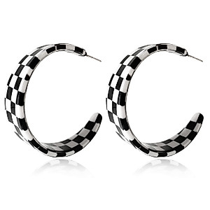 JIUIQL Unique Lightweight Minimalist 70s 80s 90s Vintage C Shaped Acrylic Resin Dangle Drop Earrings Fashion Geometric Black White Grid Hoop Earrings for Women Statement Jewelry Gifts (Black)