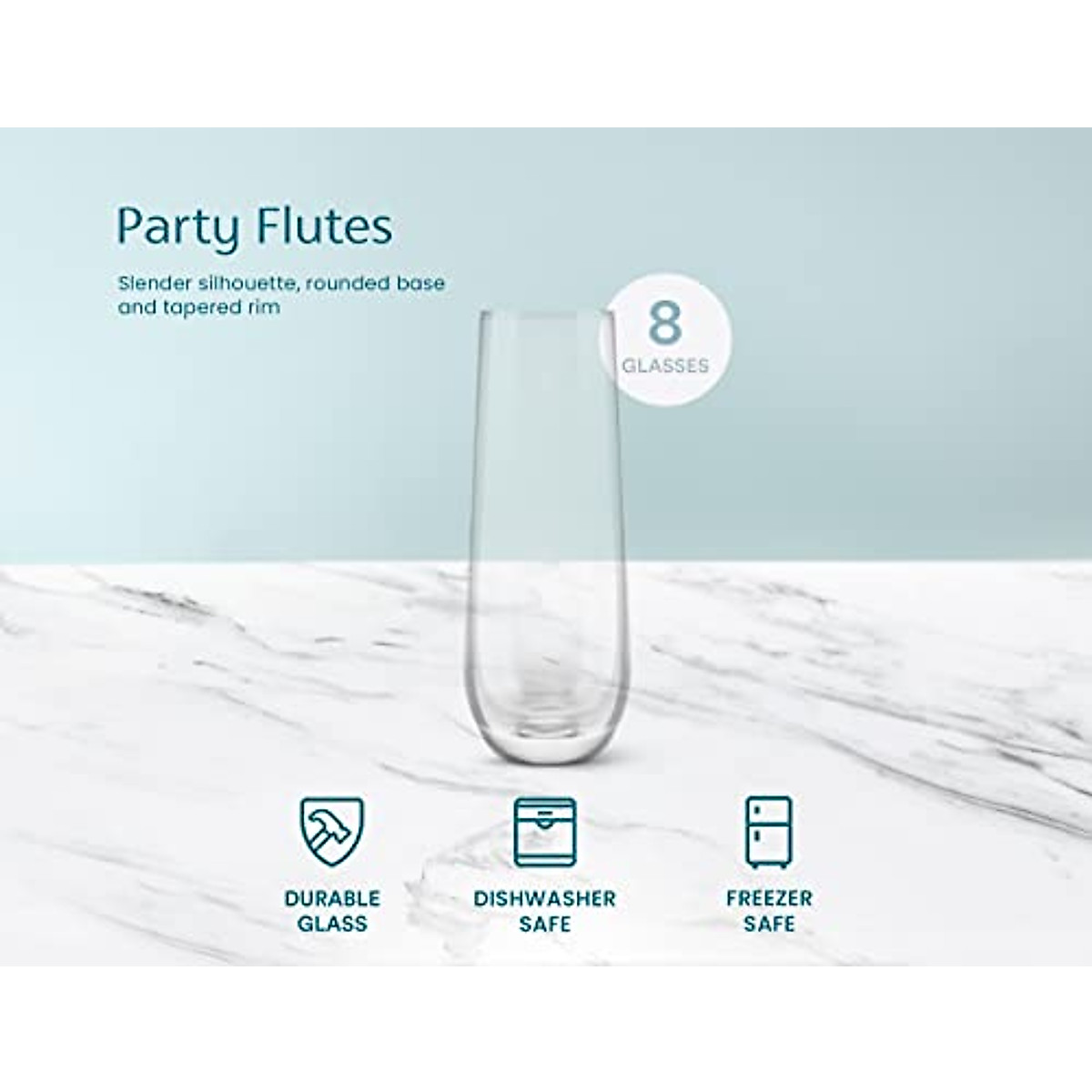 KooK Stemless Glass Champagne Flutes, Cocktail Cups for Rose, Prosecco, Mimosa, Great for Weddings and Parties, Dishwasher Safe, 9.4 oz, Set of 8