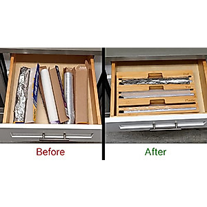 Food Wrap Organizer For Kitchen Cabinets - 3-in-1 Dispenser With Cutters For Plastic Wrap, Aluminum Foil and Wax Paper - Bamboo Organizer With Magnetic Drawer - Fits 12” Rolls