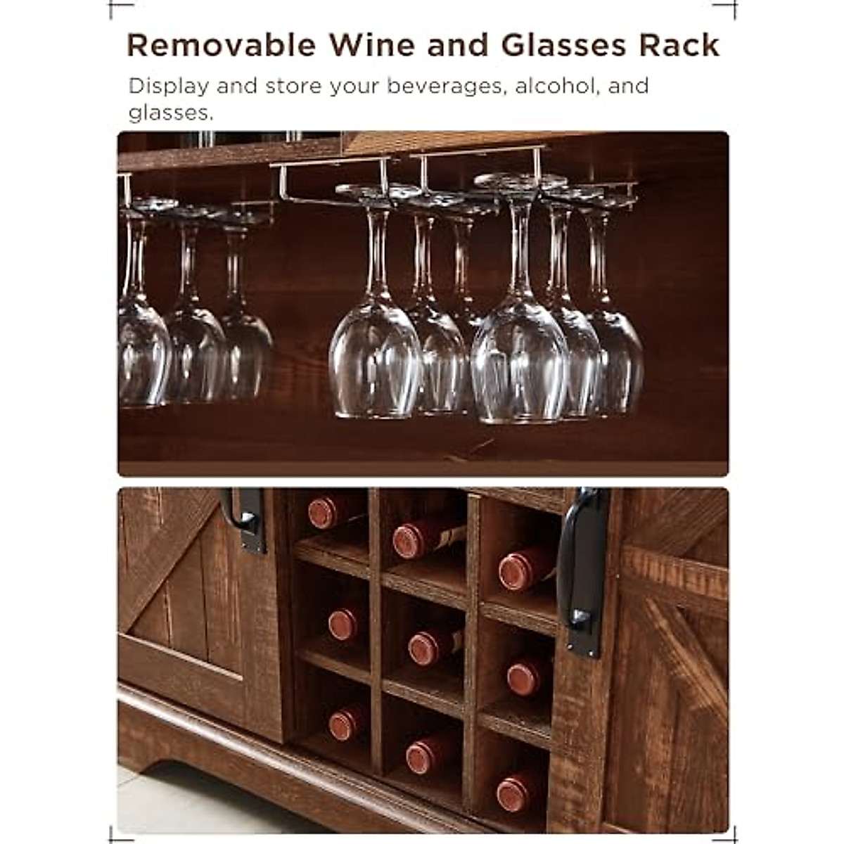 OKD Farmhouse Bar Cabinet with Sliding Barn Door, 72" Rustic Buffet with Hutch with Wine and Glasses Rack, 3 Drawers, Storage Shelves, Sideboard Cupboard for Kitchen, Dining Room, Reclaimed Barnwood