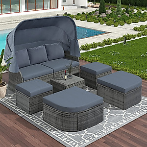 EMKK All-Weather Outdoor Round Patio Daybed Conversation Sofa Set Wicker Rattan Double Daybed Sunbed with Retractable Canopy, Pillows and Removable Cushions