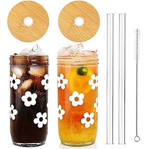ANOTION Cute Glass Cups with Lids and Straws, Mason Jars with Flower Design, Bamboo Lid, Iced Coffee Cups Tumbler Drinking Glasses Travel Coffee Mug Perfect for Coffee, Smoothies, Boba Tea, and Wine