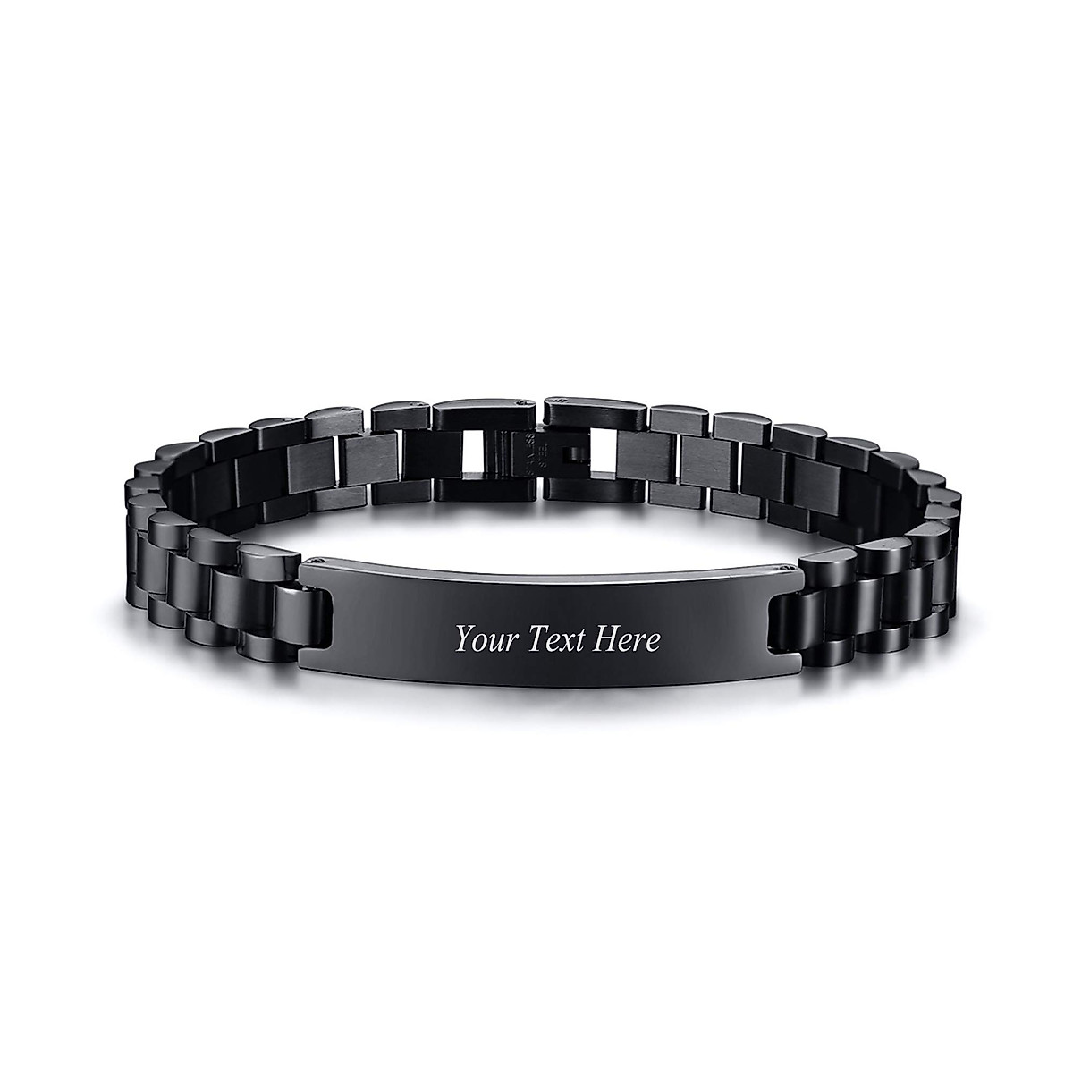 MEALGUET Personalized Customized Free Engraving Stainless Steel Chain Watch Band Wristband Link ID Bracelets for Men Women, Black