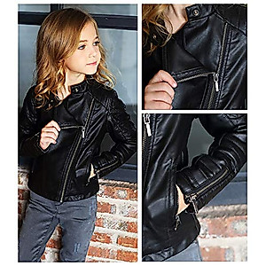 LJYH Girls Faux Leather Quilted Motorcycle Jackets Kids Spring Biker Coats Black 7/8yrs