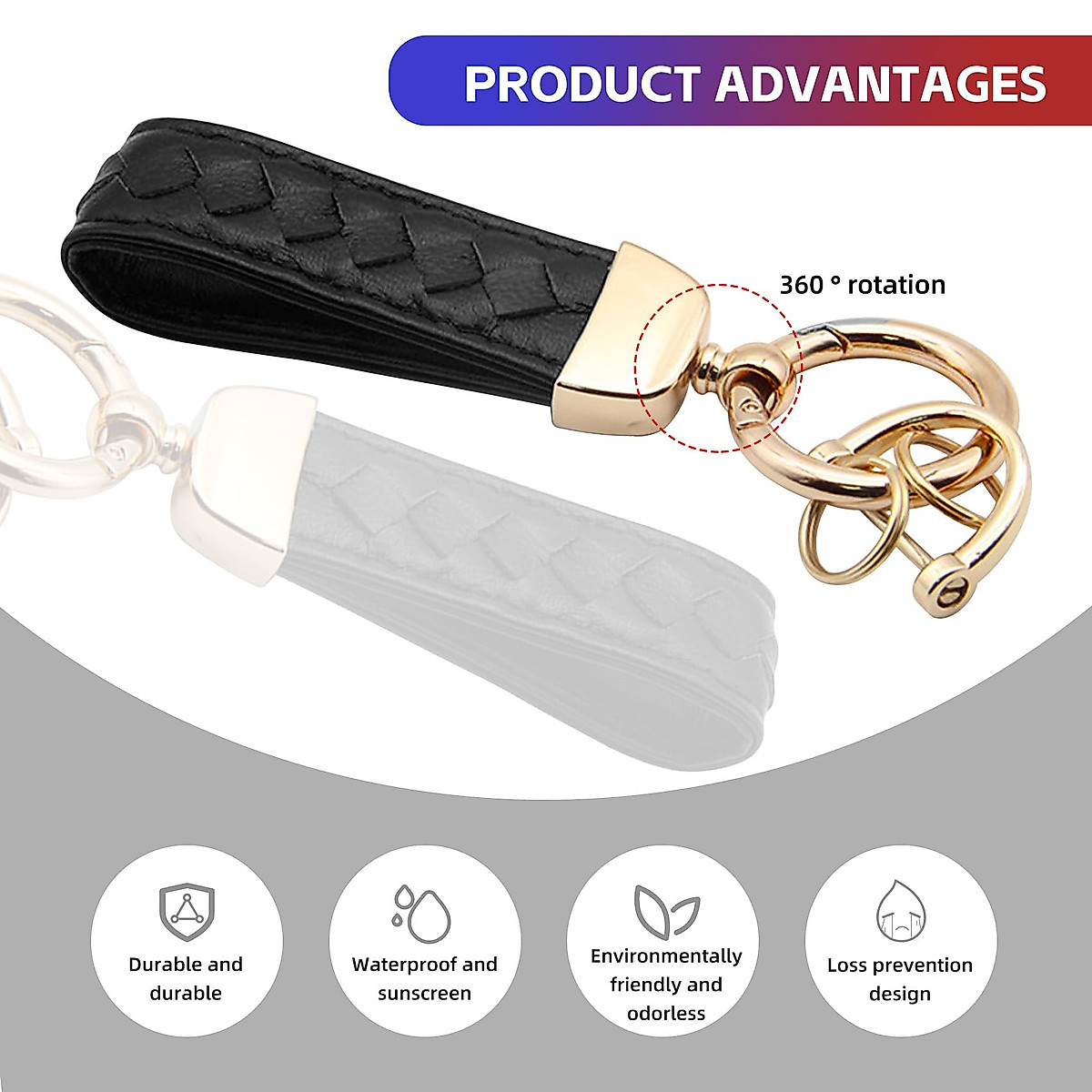 NTNEV Genuine Leather Car Keychain, Universal Car Key FOB Keychain, handmade knitted car key chain, 360 Degree Rotating with Anti-Lost D-Ring, 2 Key Rings and 1 Screwdriver, Unisex-Black