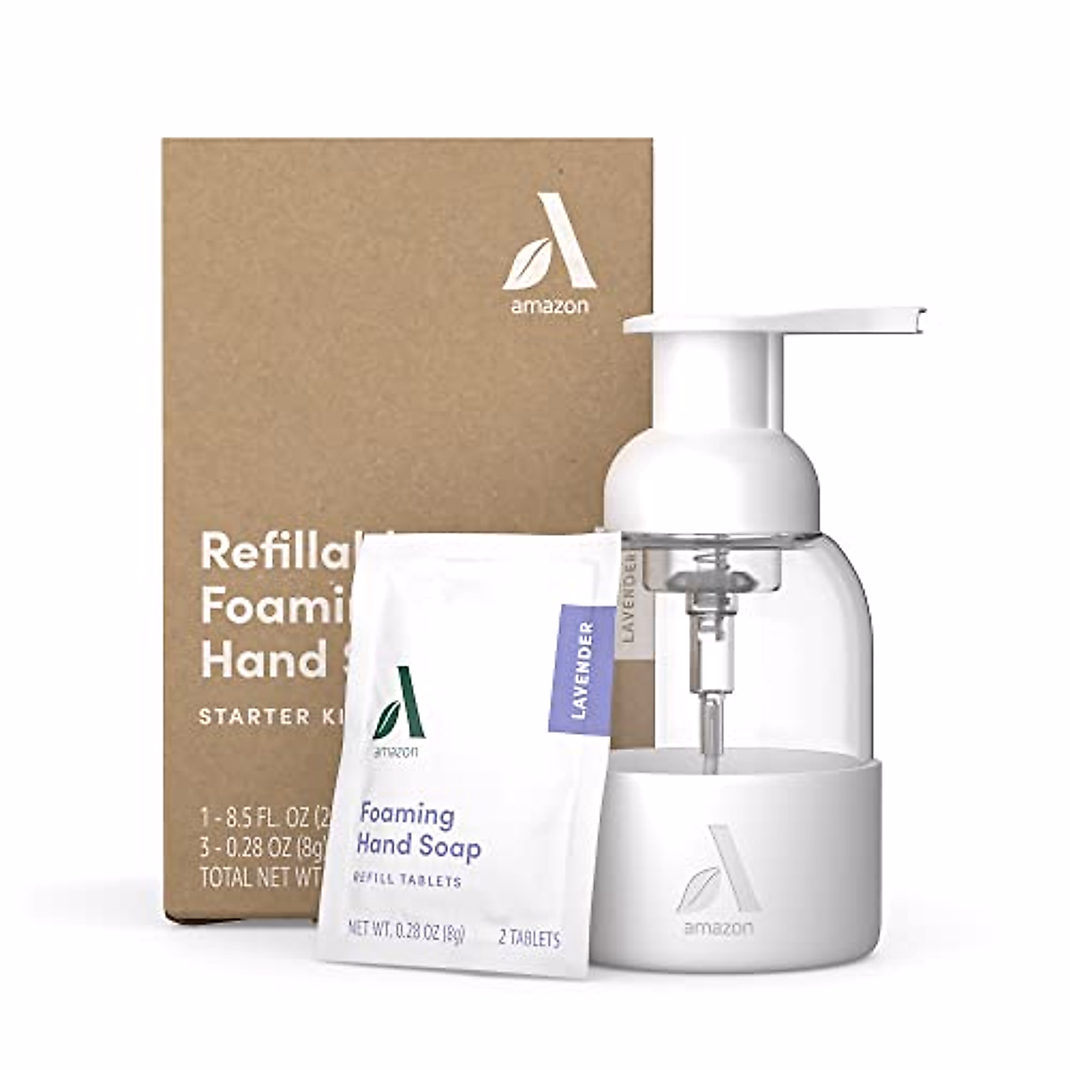 Amazon Aware Refillable Foaming Hand Soap Starter Kit, Reusable 8.5 oz Glass Bottle with Silicone Sleeve + 3 Tablet Sachets, Lavender Scent, 4 Piece Set