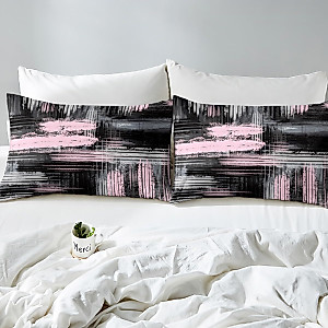 Abstract Pink and Black Sheets with Deep Pocket Fitted Sheet Full, Geometric Artistic Smear Sheet Set Abstract Graffiti Art Bed Sheets Set Contemporary Modern Brush Design Bedding Set Full Size