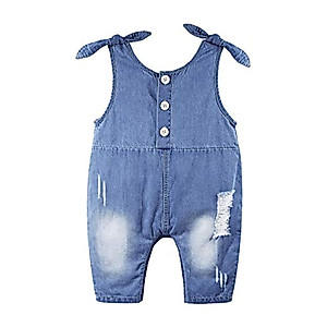 KIDSCOOL SPACE Baby Girls Big Bib Pocket Ripped Bowknot Decor Jeans Coveralls,Blue,3-6 Months