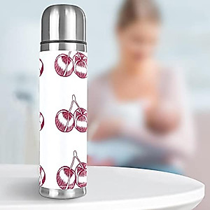 Stainless Steel Leather Vacuum Insulated Mug Cherries Thermos Water Bottle for Hot and Cold Drinks Kids Adults 16 Oz