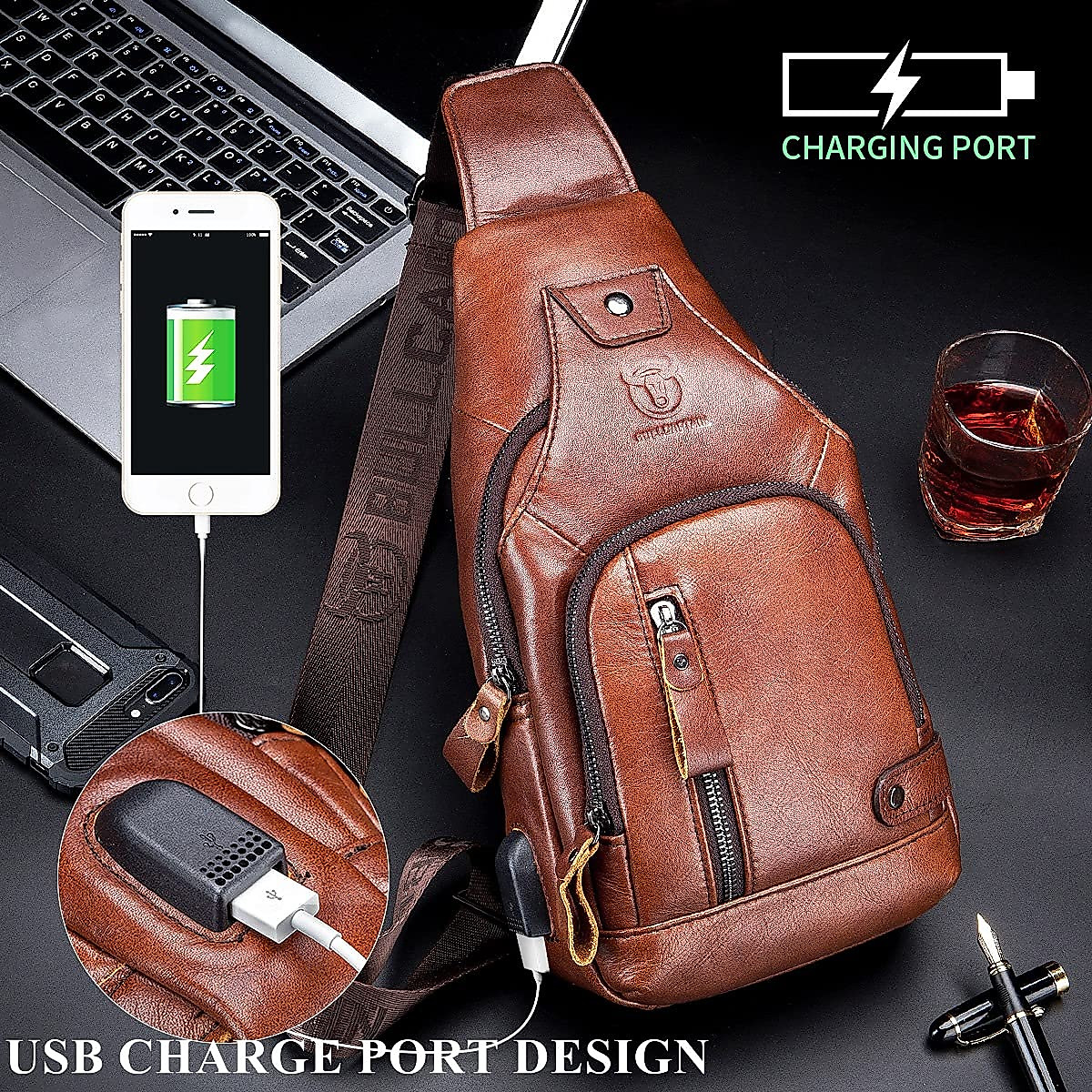 BULLCAPTAIN Men Crossbody Bag with USB Charging Port Genuine Leather Shoulder Sling Chest Bag Travel Hiking Backpack (Brown)