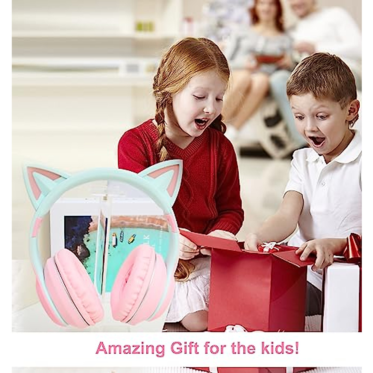 Hilifix Bluetooth Headphones Over Ear, LED Light Up Cat Ear Kids Headphones, Foldable Stereo Headphones Wireless Wired Headphones with Microphone for School/Study/Travel/PC/iPhone/iPad (Pink+Green)