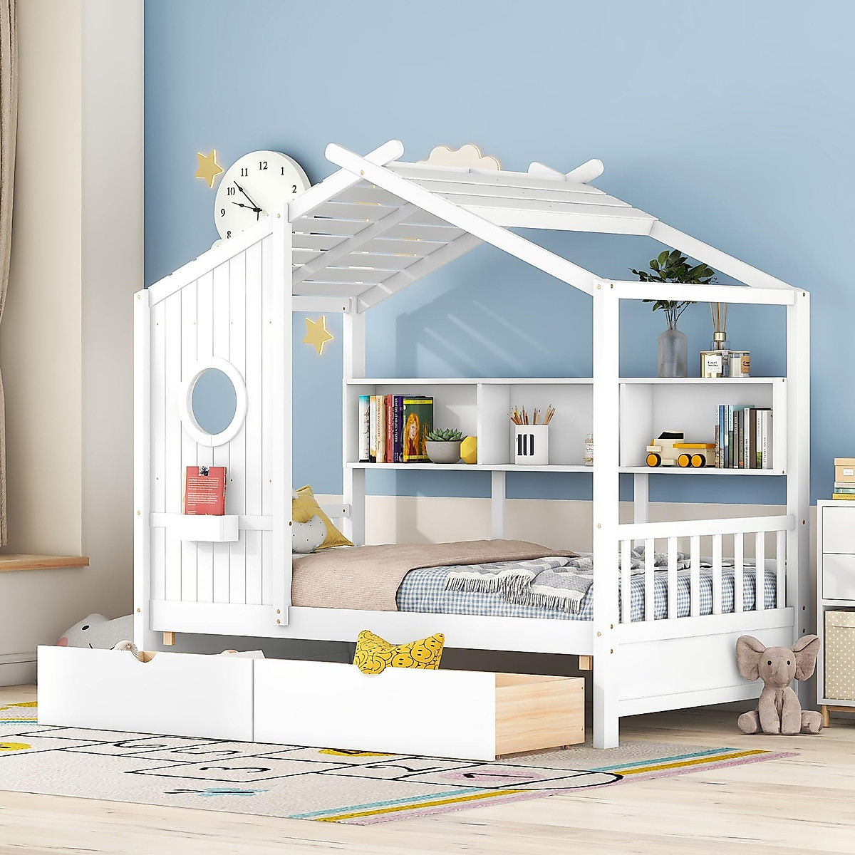 Bellemave Twin Size House Bed with 2 Storage Drawers,Kids Bed with Storage Shelves,Wooden House Bed Frame for Girls,Boys,Can be Decorated,White